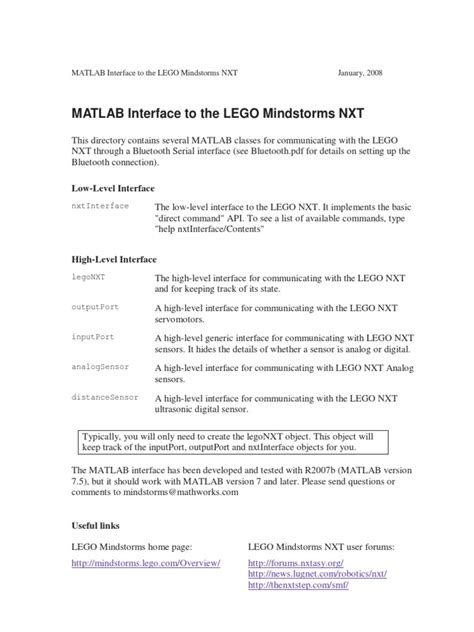 Matlab Interface To The Lego Mindstorms Nxt Pdf Application