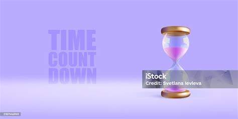 시간 카운트다운을 위한 유리 시계 모래 시계 배너 템플릿입니다 달리는 모래 유리에 분홍색 모래 3d 시계 타이머 벡터 렌더링 추상적인 사실적인 황금 스톱워치 보라색 배경에