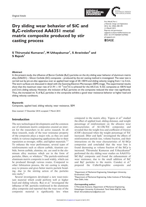 Pdf Dry Sliding Wear Behavior Of Sic And B4c Reinforced Aa6351 Metal Matrix Composite Produced