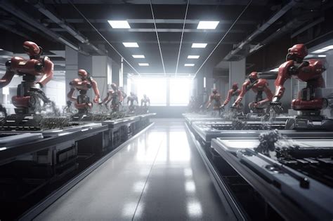 Premium Ai Image Group Of Robots Working Together In A Factory Generative Ai
