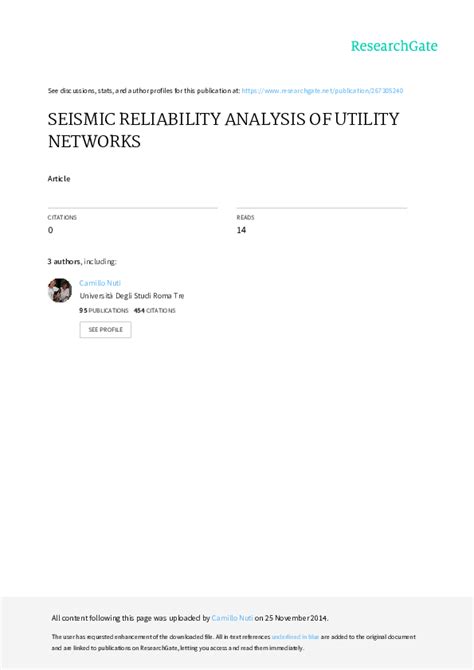 Pdf Seismic Reliability Analysis Of Utility Networks