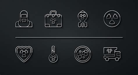 세트 라인 원자로 노동자 방패 분자 기상 온도계 방사선 핵 가방 방사선 물질과 폭탄 아이콘트럭에 방사성 벡터 가방에 대한 스톡 벡터 아트 및 기타 이미지 Istock