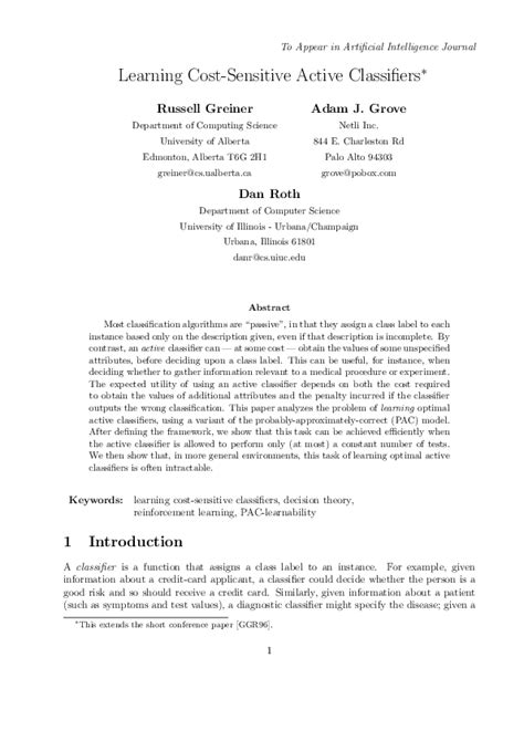 Pdf Learning Cost Sensitive Active Classifiers