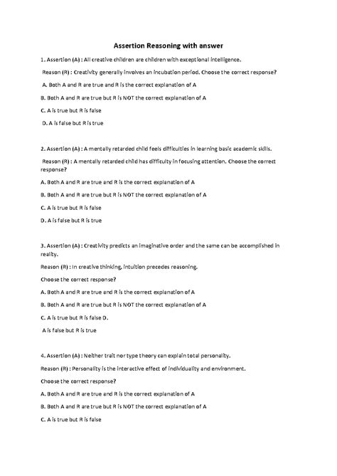 Assertion Reasoning Guide With Answers For Class Xii Studocu