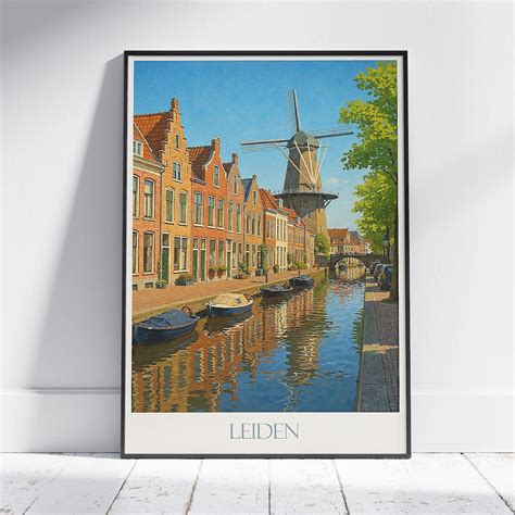 Leiden Travel Poster Dutch Canal And Windmill Art Print Netherlands