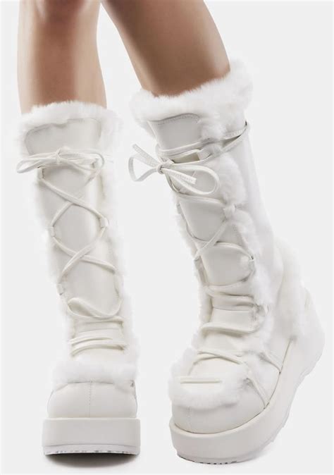 Demonia Cubby 311 Faux Fur Trim Knee High Boots White Boots White