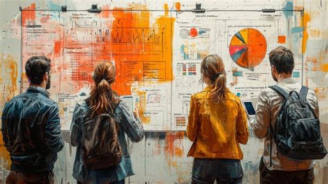 Team Collaboration In Front Of Colorful Data Analysis Wall Charts Stock