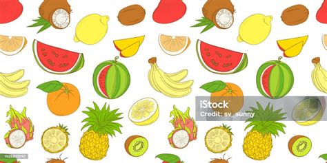 윤곽선 손으로 그린 이음새가 없는 색채의 과일 패턴 망고 코코넛 레몬 키위 오렌지 수박 바나나 드래곤 프루트 파인애플 드로잉에 대한 스톡 벡터 아트 및 기타 이미지 Istock