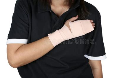 Arm Splint Hand Badage Gauze Bandage Patient With Asian Girl Hand Wrap Injury Stock Photo