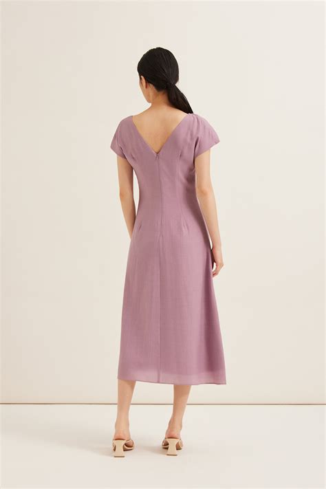 V Neck Ruched Midi Dress Our Second Nature