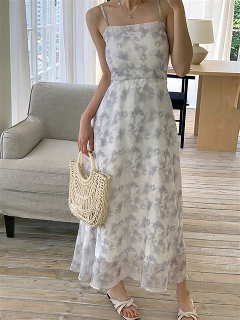 리리앤코 여름바캉스룩☀고급미가득 44 120 카비렌느 쉬폰 나염 스모크 밴딩 뷔스티에 롱 원피스 끈조절 신상 여름