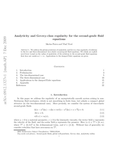 Pdf Analyticity And Gevrey Class Regularity For The Second Grade Fluid Equations