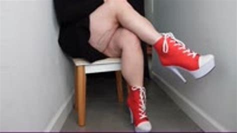 Leg Cross Ignore In Red And White Lace Up Ankle Boots WMV Deanna S Clip Store