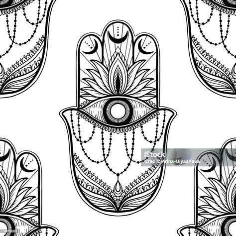 완벽 한 패턴 함 사 부적 종교 아시아 흰색 바탕에 검은 색 그래픽입니다 악마의 눈에 대 한 보호와 부적의 상징 문신 모티프 0명에 대한 스톡 벡터 아트 및 기타 이미지