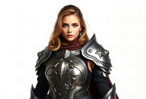 A Woman In A Knight Armor Stands In Front Of A White Background