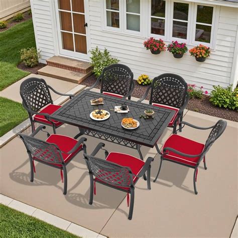 7 Pc Aluminum Patio Set 6 X Armchairs With Red Cushions With 1 Table