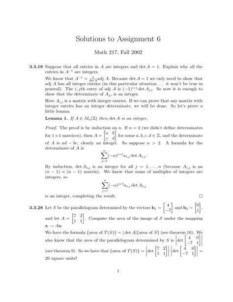 Math 217 Assignment 6 Solutions Linear Algebra