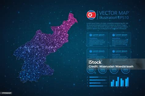 북한 지도 인포그래픽 템플릿은 다이어그램 그래프 프리젠테이션 및 차트에 파란색 배경에 추상적인 기하학적 메쉬 다각형 조명 개념이 있다 0명에 대한 스톡 벡터 아트 및 기타