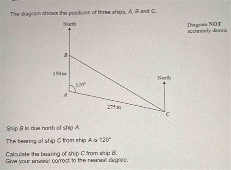 Solved The Diagram Shows The Positions Of Three Ships A B And C Diagram Not Accurately Drawn