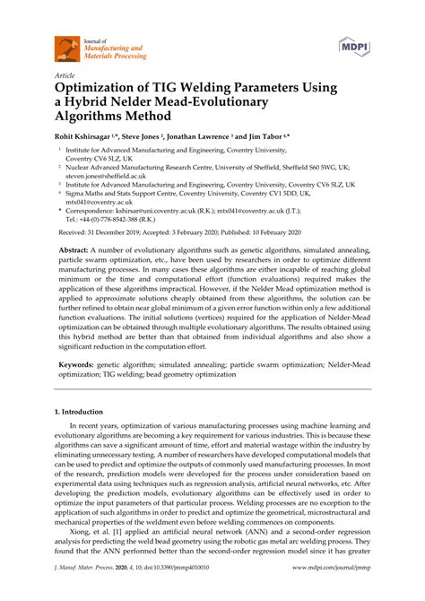 Pdf Optimization Of Tig Welding Parameters Using A Hybrid Nelder Mead Evolutionary Algorithms