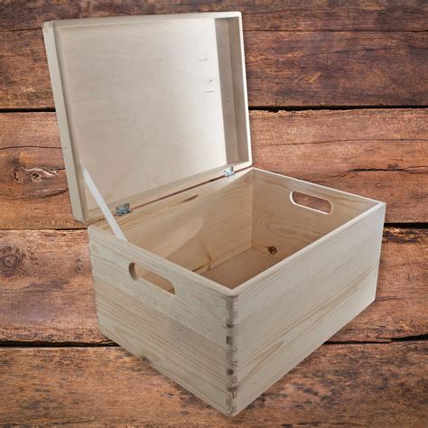Large Wooden Storage Box With Hinged Lid And Cut Out Handles Toy Box