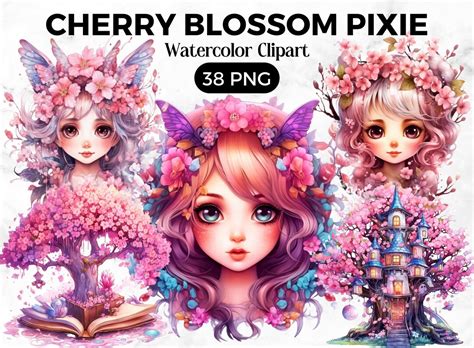 Watercolour Cherry Blossom Pixie Clipart Princess Fantasy Png Digital
