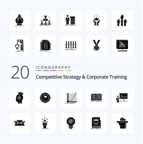 20 Competitive Strategy And Corporate Training Solid Glyph icon Pack like lesson book flag goal ...