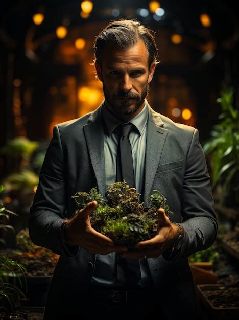 Premium AI Image Recycling Business Man A Man In A Suit Holding A Plant In His Hands