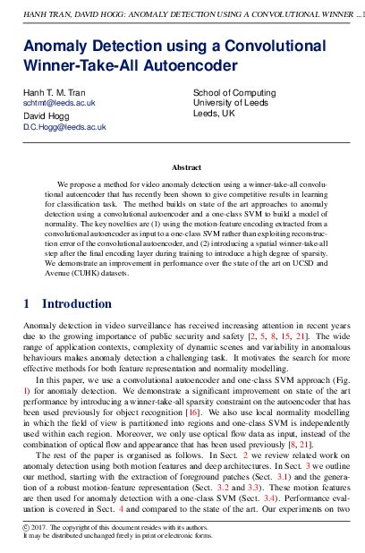 Pdf Anomaly Detection Using A Convolutional Winner Take All Autoencoder
