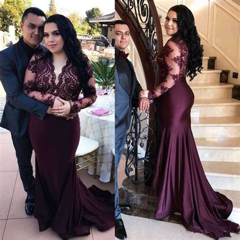 Plus Size Mermaid Prom Dresses 2019 Long Sleeve Deep V Neck Lace