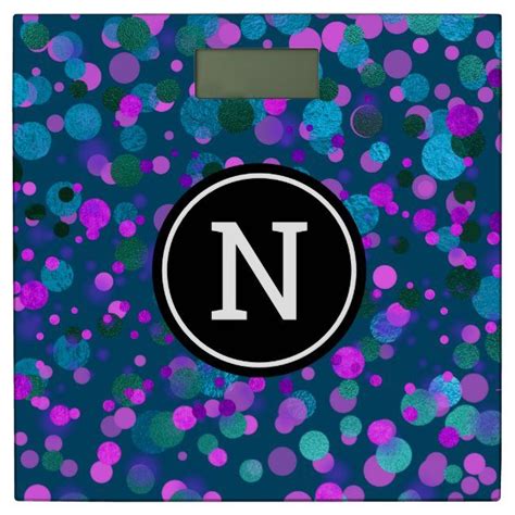 Monogram Sparkly Blue Purple Confetti Dots On Teal Bathroom Scale