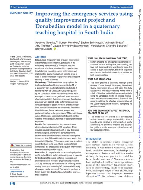 Pdf Improving The Emergency Services Using Quality Improvement Project And Donabedian Model In
