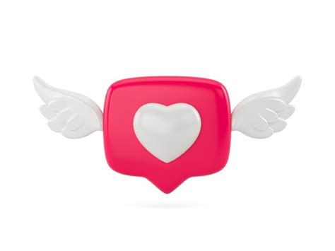 흰색 배경 3d 렌더링에 고립 된 날개와 같은 빨간 핀에 심장 아이콘 프리미엄 사진