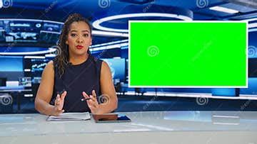 Newsroom TV Studio Live News Program: Caucasian Female Presenter ...