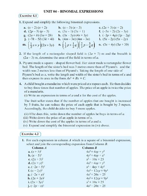 Unit 04 Binomial Expressions Textbook Book Exercises Pdf