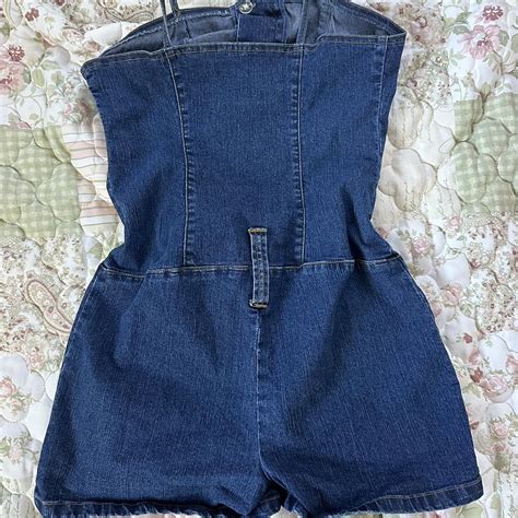 70s Blue Denim Romper With Lace Up Detailing And Depop