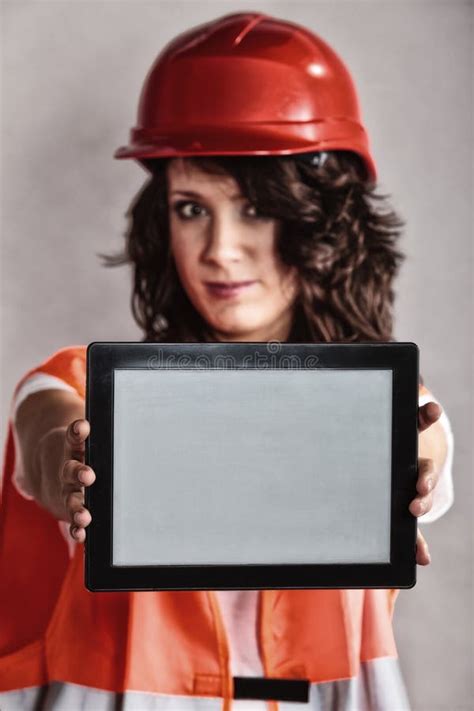 Girl In Safety Helmet Showing Tablet Stock Image Image Of Showing Site