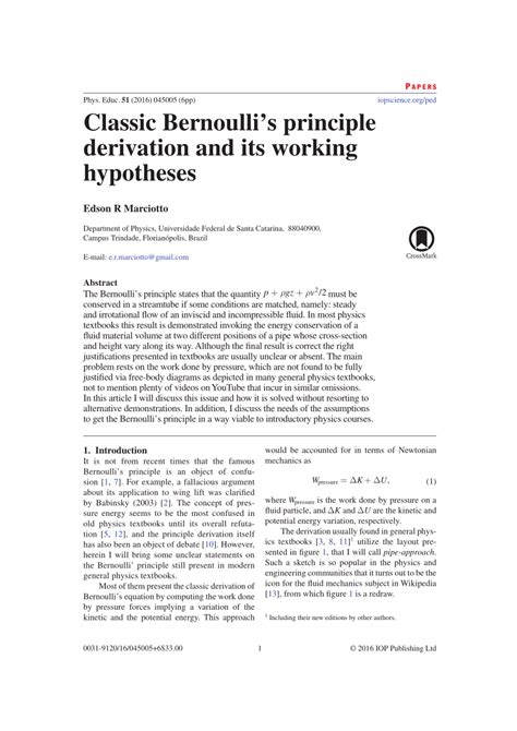 Pdf Classic Bernoullis Principle Derivation And Its Working Hypotheses