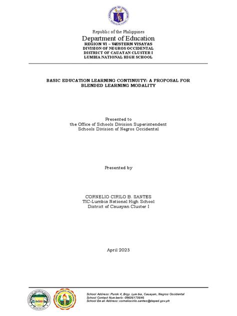 Lumbia Nhs Be Learning Continuity A Proposal For Blended Learning Modality Final Pdf