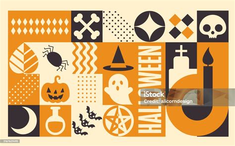 할로윈 추상 기하학적 바우 하우스 디자인 배경 해피 할로윈 인사말 카드 포스터 벡터 가로 Banner 현대 휴일 장식 최소한의 스칸디나비아 복고풍 모양 호박 박쥐 유령 10