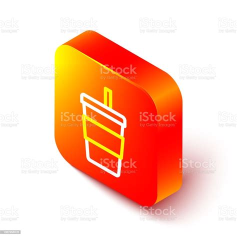 흰색 배경에 고립 된 마시는 빨대와 물 아이콘이있는 등색 선 종이 유리 소다 음료 유리 신선한 차가운 음료 기호 주황색 정사각형 버튼 벡터 3차원 형태에 대한 스톡 벡터