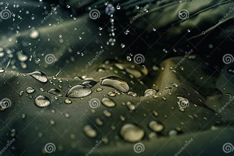 Close Up Shot Of Raindrop On Dark Green Fabric Spherical Drop Moves