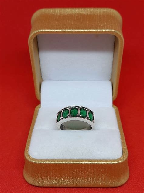 แหวนเงินเเท้ 92 5 แหวนปอกมีด 5 แถว เขียวล้วน พลอยรัสเซีย Phikunthong Silver Thaipick