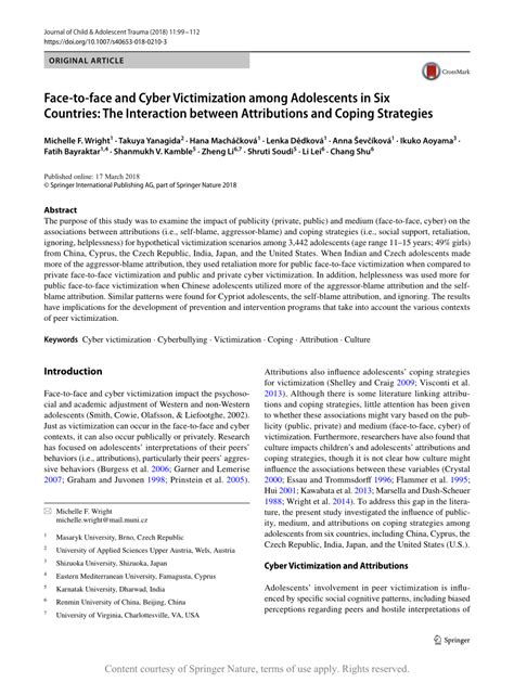 Face To Face And Cyber Victimization Among Adolescents In Six Countries
