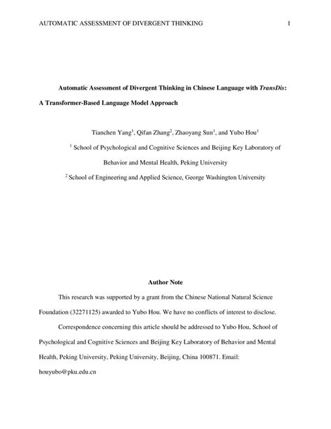 Automatic Assessment of Divergent Thinking in Chinese Language with TransDis: A Transformer ...