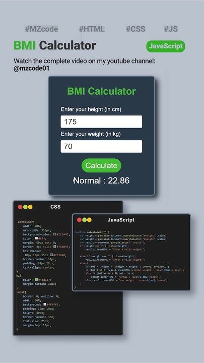 Make Bmi Calculator Using Html Css Javascript Css Html Javascript Coding Shorts Webdesign