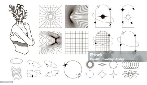 디자인을위한 복고풍 미래 지향적 인 요소 Y2k 스타일의 추상 그래픽 기하학적 기호와 개체의 큰 컬렉션입니다 메모 포스터 배너