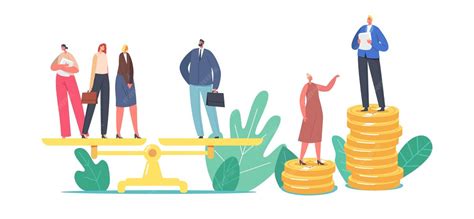 성 차별과 성 불평등 및 불균형 개념 남성과 여성 캐릭터는 저울 사업가 및 사업가 불평등한 급여 페미니즘에 서 있습니다