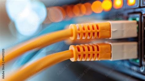 Close View Of Two Ethernet Cables Connected In A Panel Highlighted By Glowing Lights