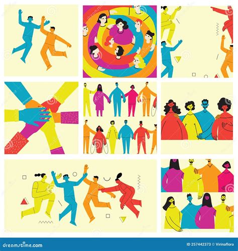 Young Men And Women With Abstract Geometric Shapes Team Building And Teamwork Concept Stock